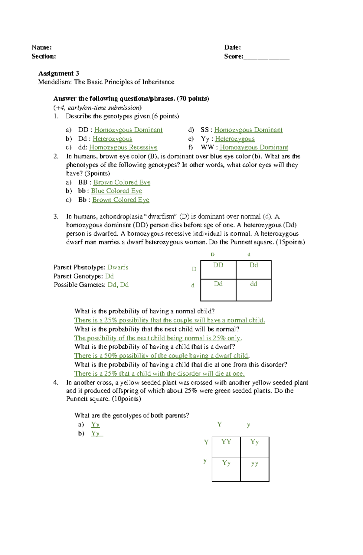 Mendelism The Basic Principles of Inheritance - Name: Date: Section ...