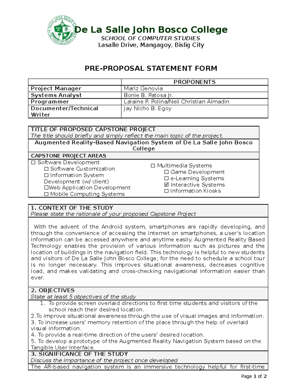 PRE- Proposal Statement Blank FORM 1 - De La Salle John Bosco College ...