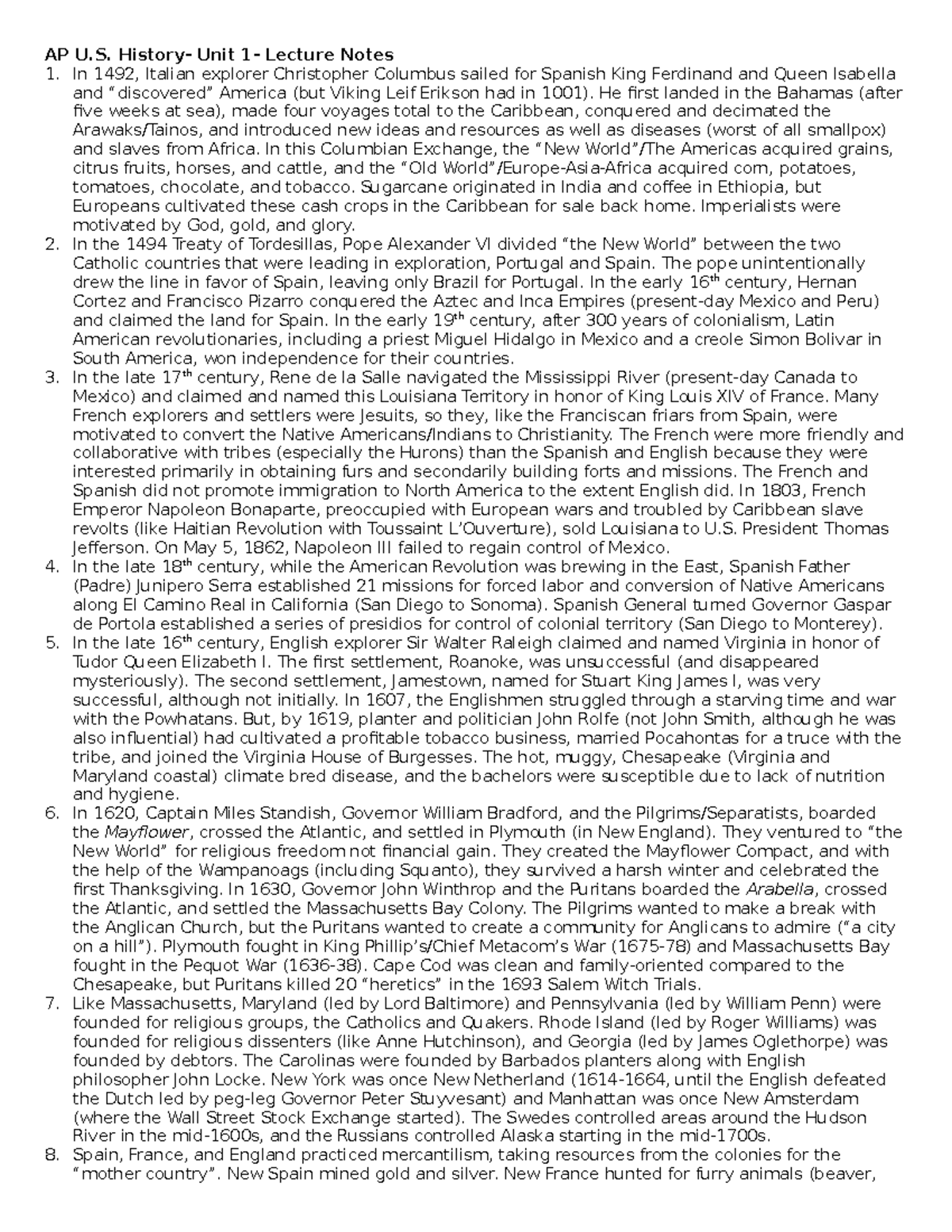 Lecture Notes for Apush 2020 3 - AP U. History- Unit 1- Lecture Notes ...
