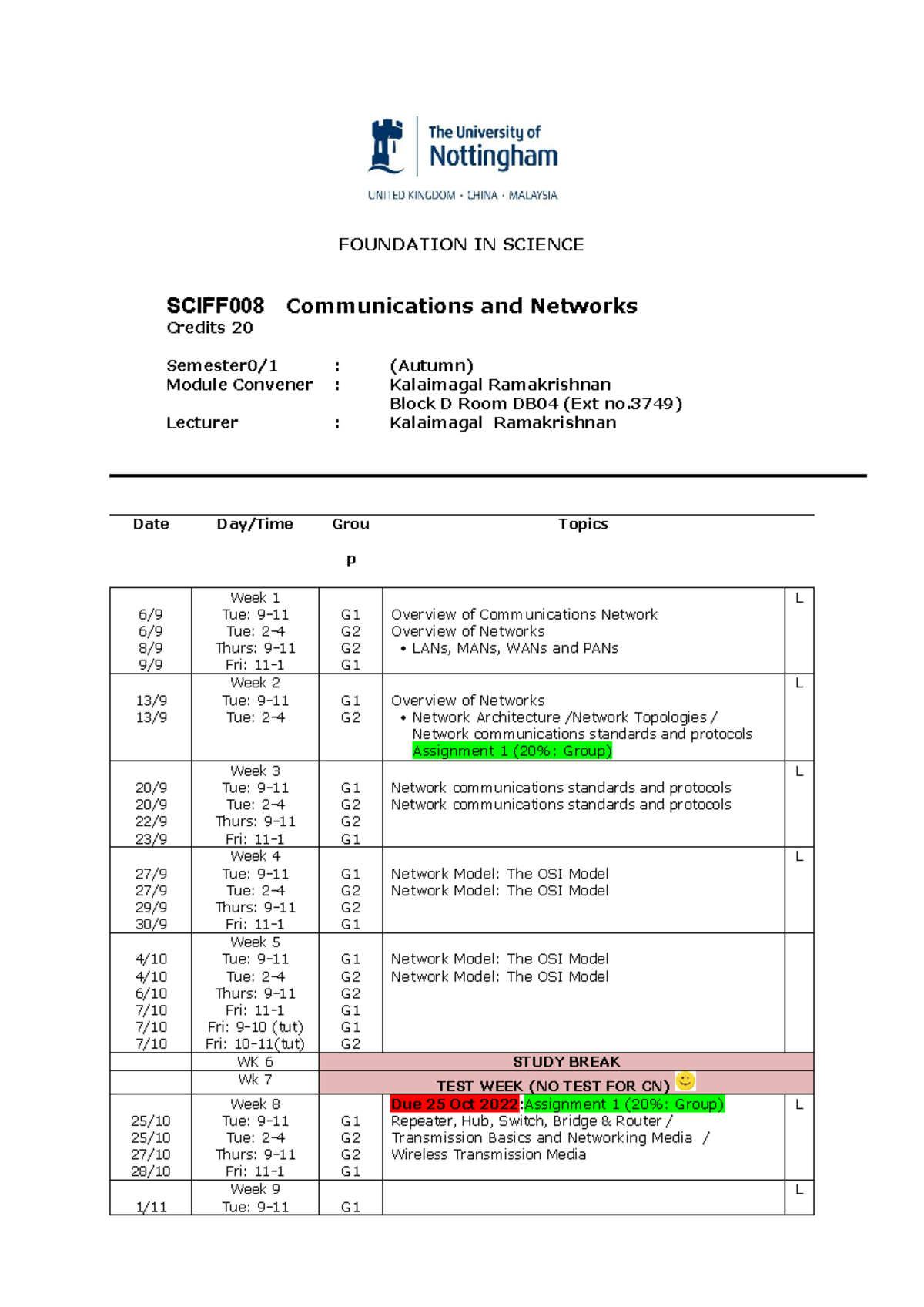 F008 F Timetable Sept2022 - FOUNDATION IN SCIENCE SCIFF008 Communications and Networks Credits ...