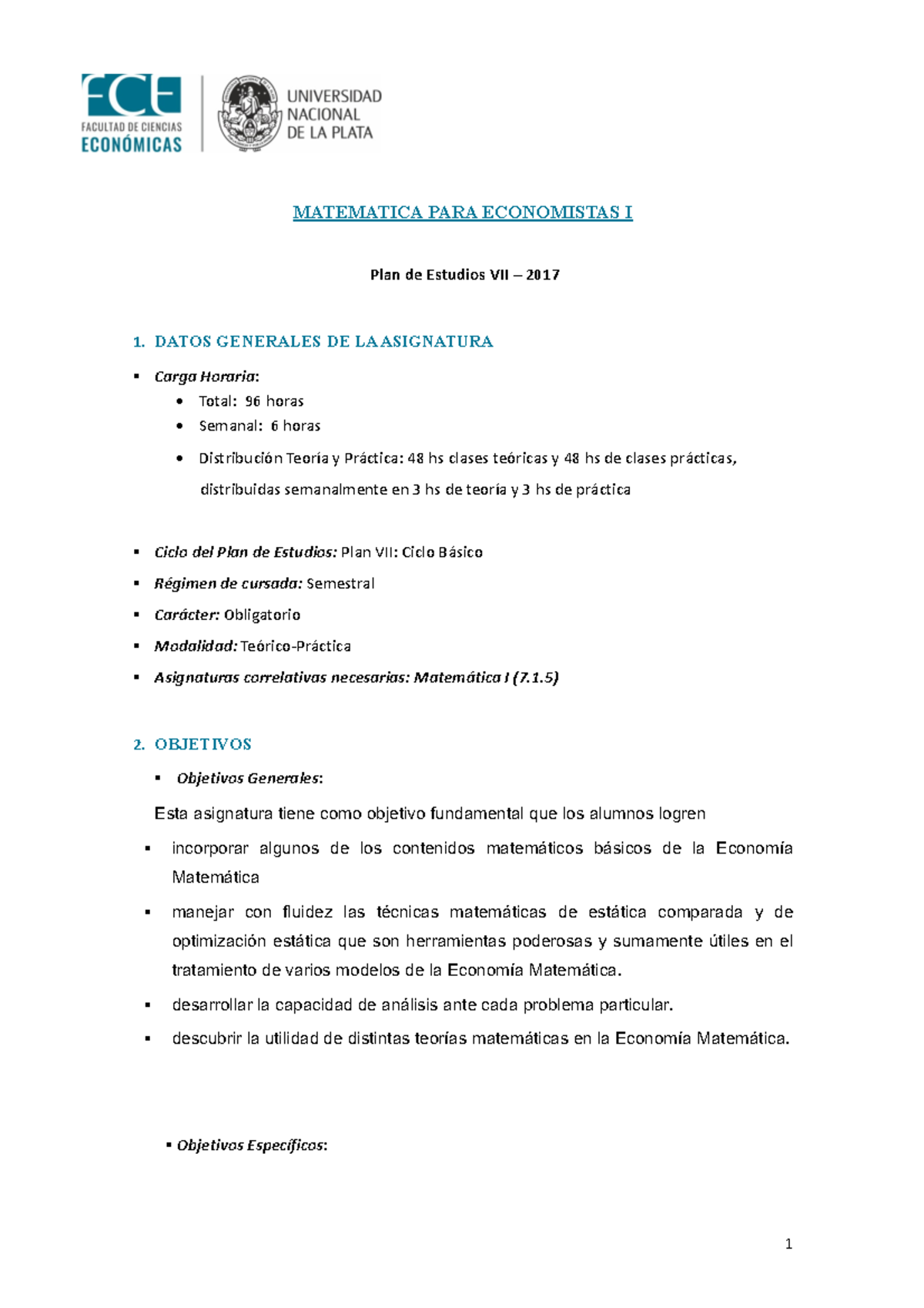 Programa Mate Eco I - porgrama de matematica para economistas unlp . a ...