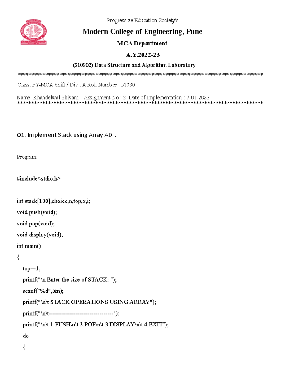 51030 Assignment 3 DSA - okok - Progressive Education Society's Modern College of Engineering ...