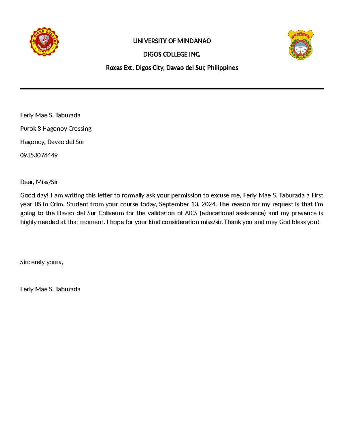 Format- Excuse- Letter - UNIVERSITY OF MINDANAO DIGOS COLLEGE INC ...