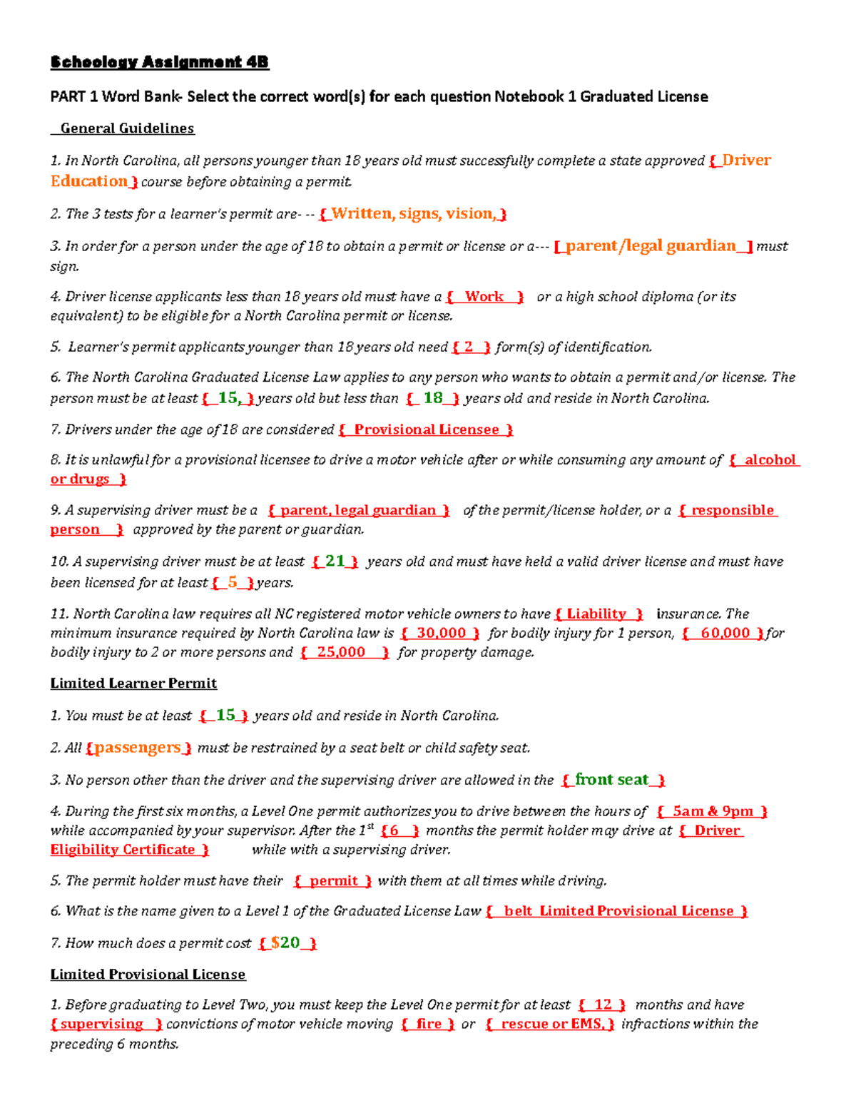 Schoology Assignment 4B Driver Education - Schoology Assignment 4 B PART 1 Word Bank- Select the ...