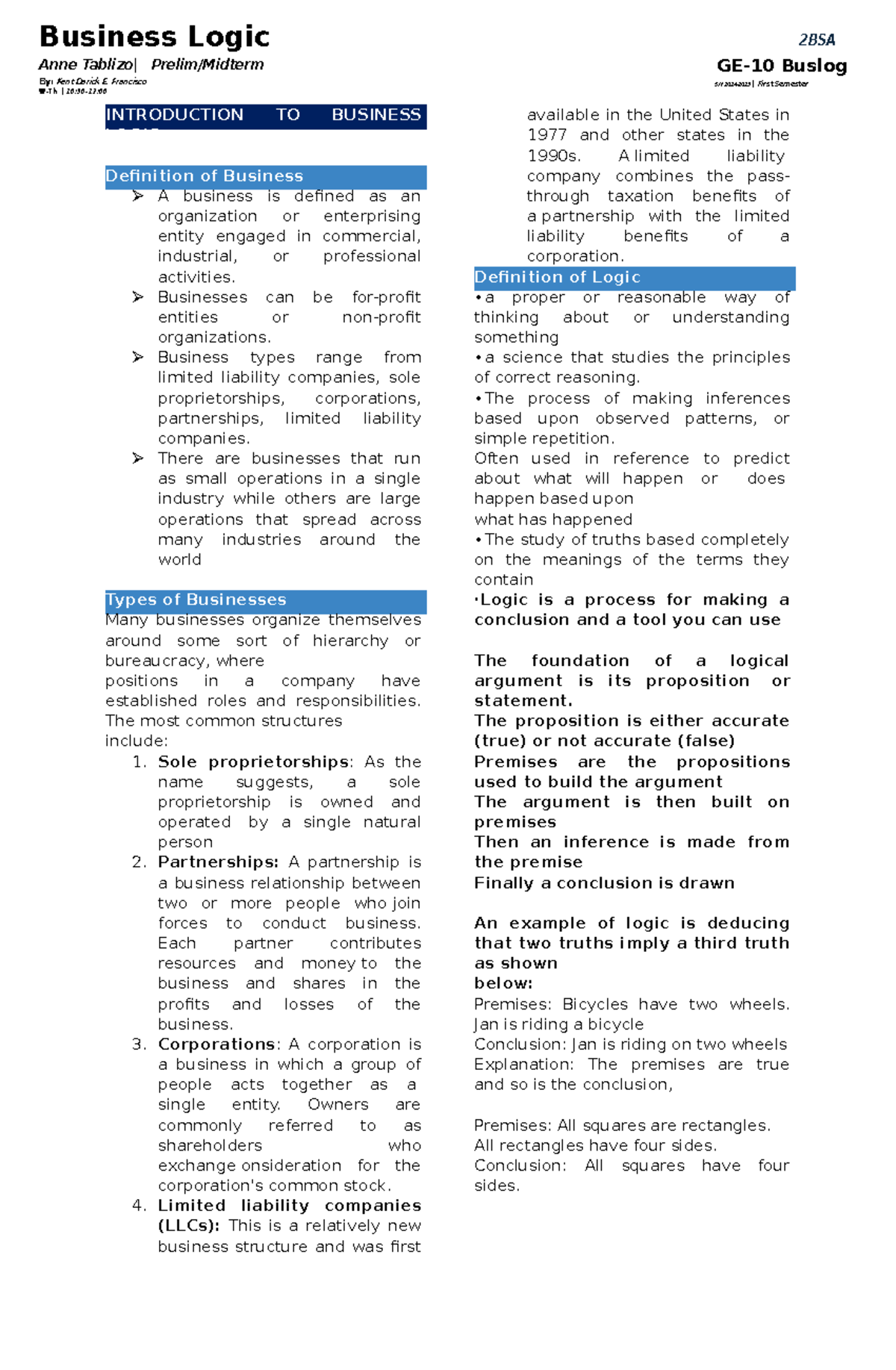 Introduction TO Business LOG - 2BSA GE-10 Buslog S/Y 2024-2025 | First ...
