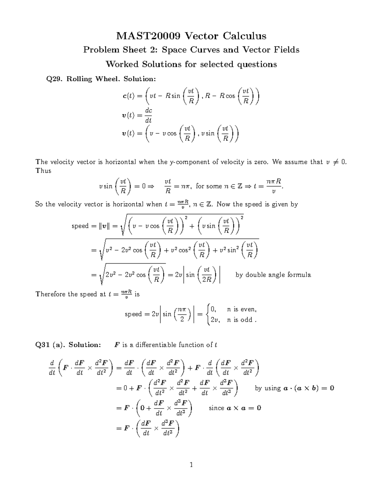 Worked Solutions 2.1 2024S2 - MAST20009 Vector Calculus Problem Sheet 2: Space Curves and Vector ...