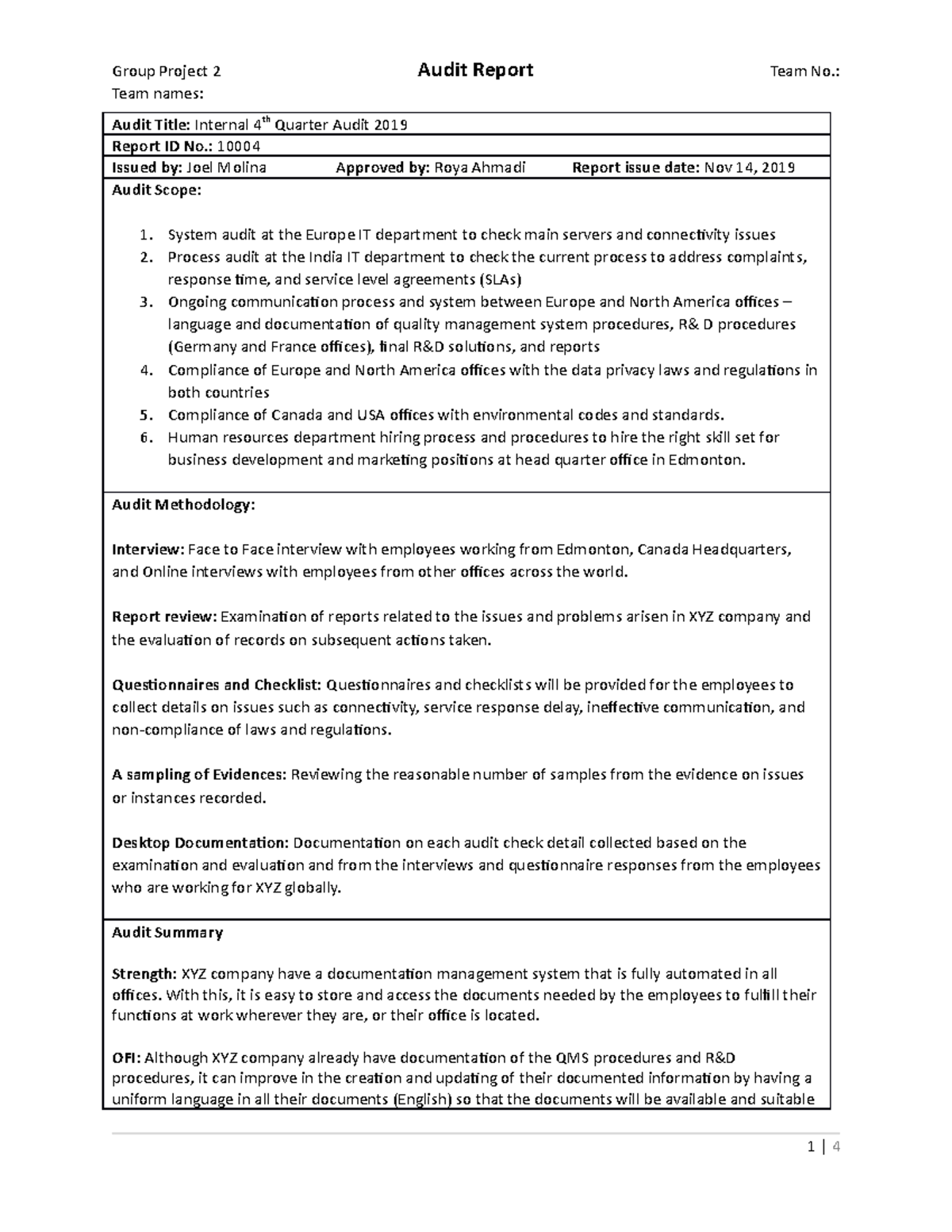 Audit Report - Team names: Audit Title: Internal 4th Quarter Audit 2019 ...