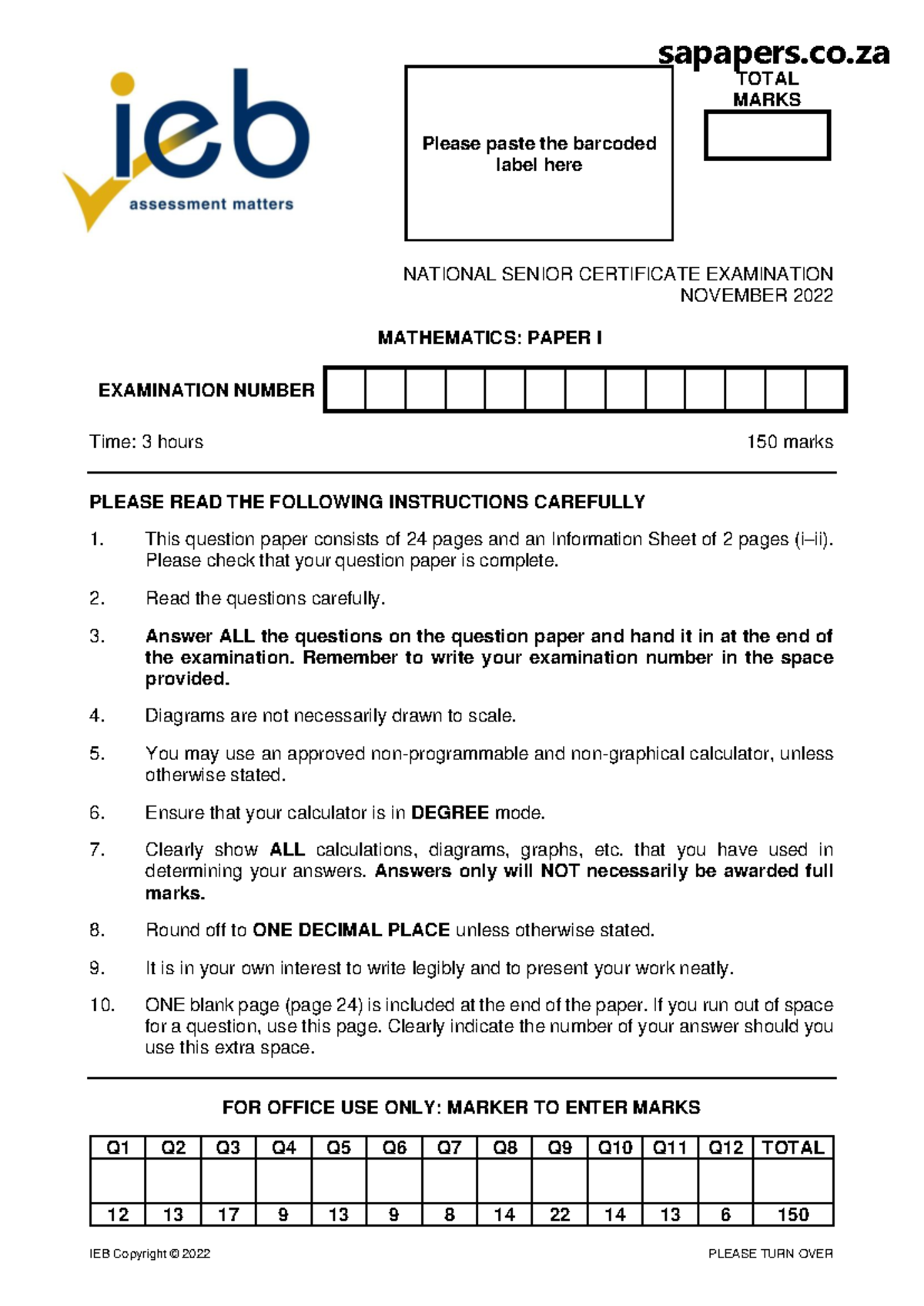 Mathematics P1 2022 - maths! - IEB Copyright © 202 2 PLEASE TURN OVER ...