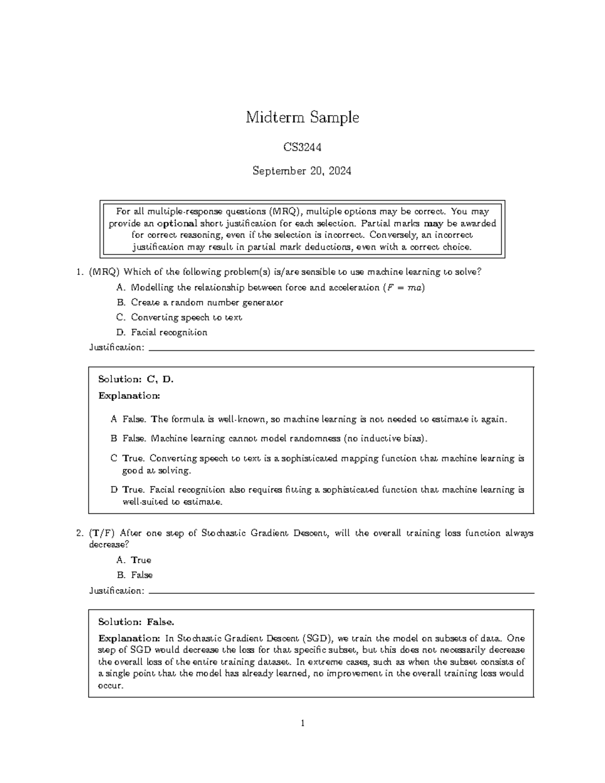 Cs3244 midterm sample soln - Midterm Sample CS September 20, 2024 For all multiple-response ...