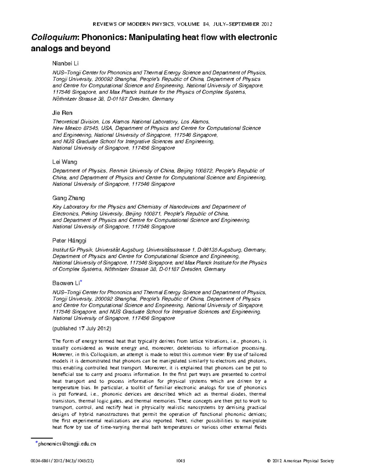 Rev Mod Phys 84 1045 Phononics Coming To Life Review - Colloquium: Phononics: Manipulating heat ...