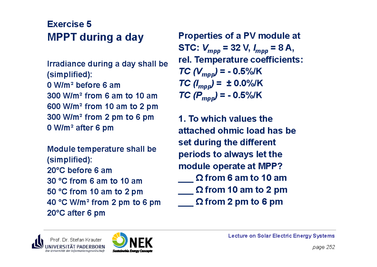 Exercise 05 - Prof. Dr. Stefan Krauter Lecture on Solar Electric Energy ...