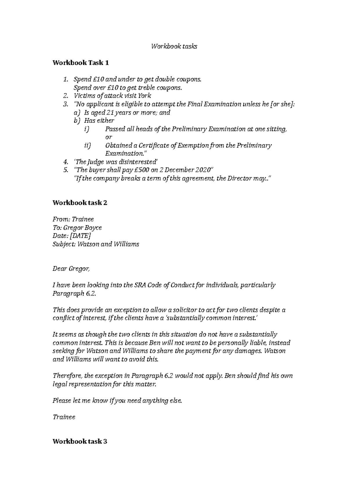Legal Writing Workbook tasks - Workbook tasks Workbook Task 1 Spend £10 ...