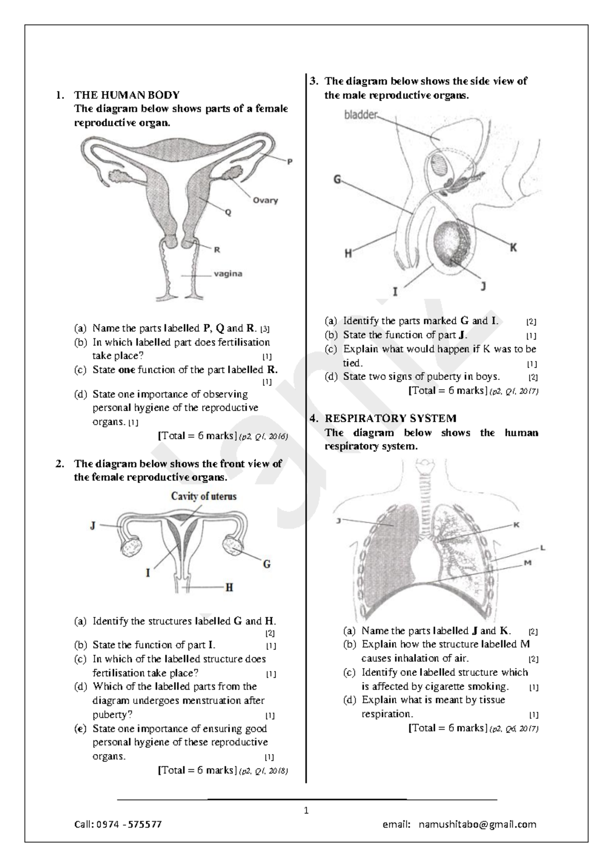 Grade 9 Int - 1 1. THE HUMAN BODY The diagram below shows parts of a ...