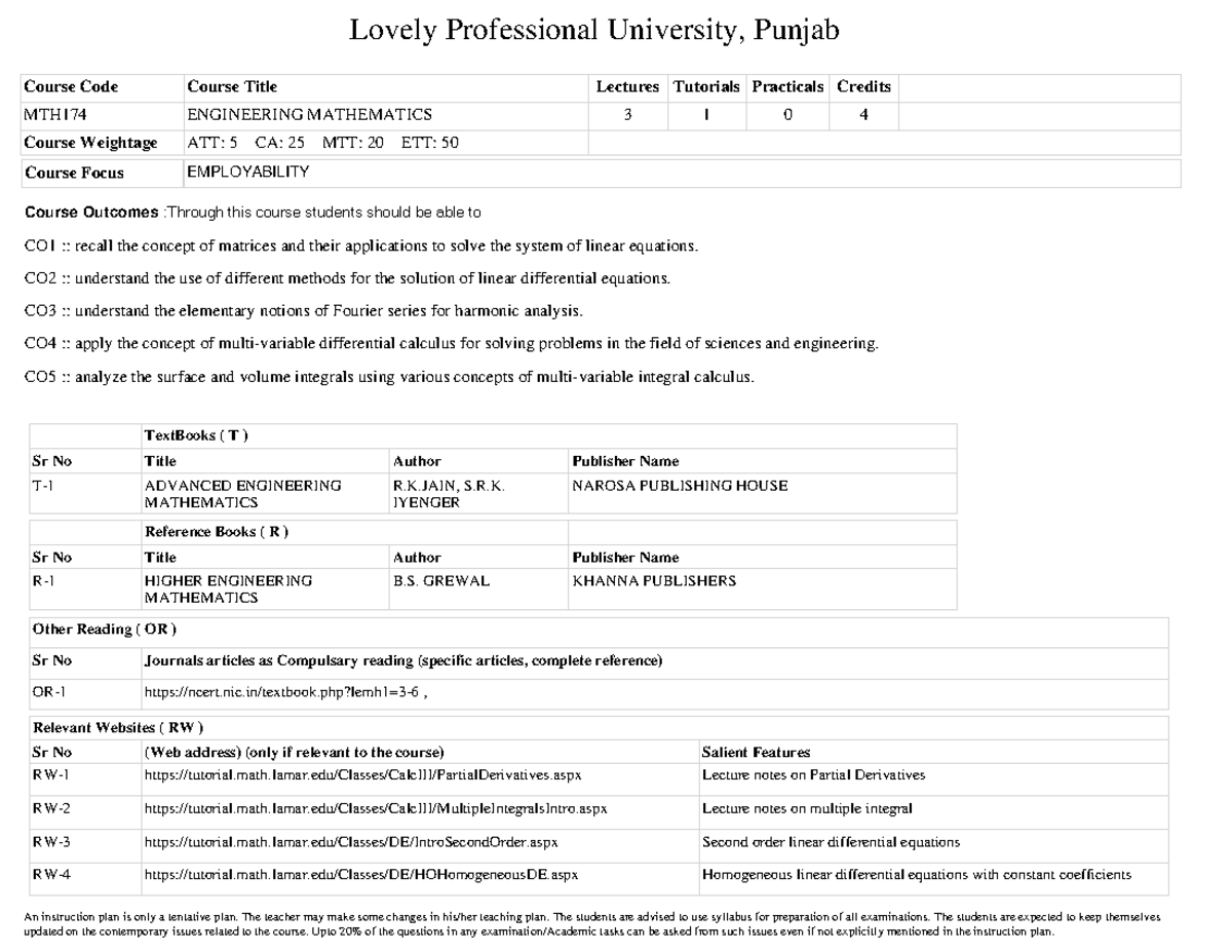 Detailed Plan For Lectures - Lovely Professional University, Punjab Course Code Course Title ...