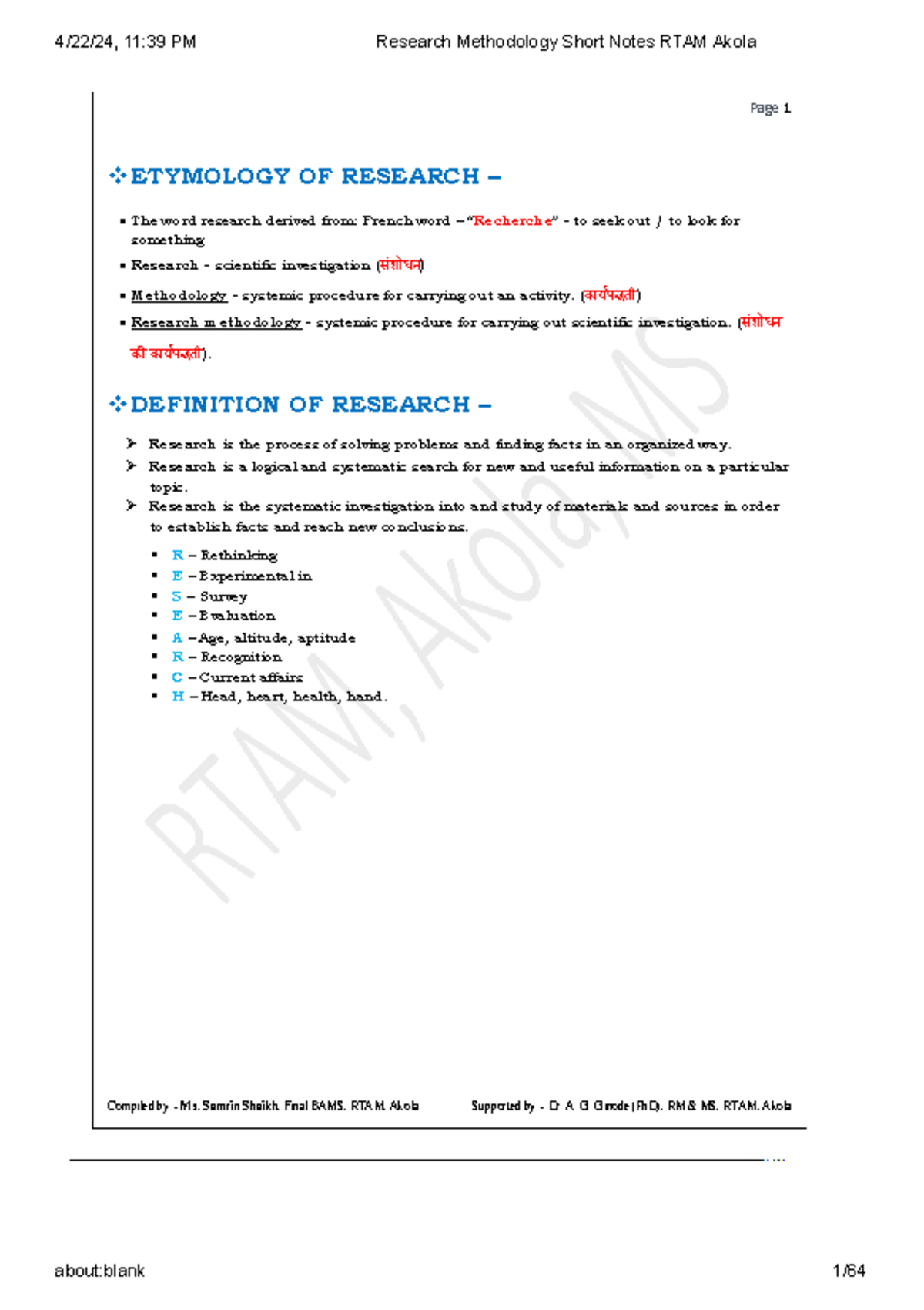 Research Methodology Short Notes RTAM Akola - Page 1 Compiled by – Ms ...