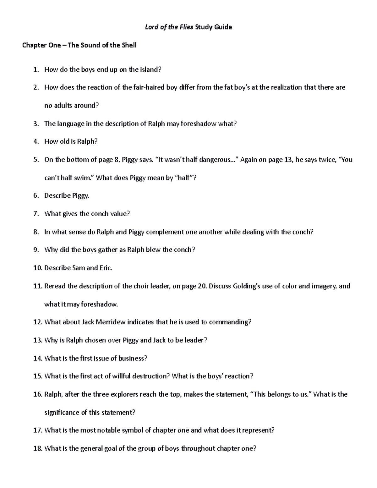 Lord of the Flies Study Guide - Lord of the Flies Study Guide Chapter ...