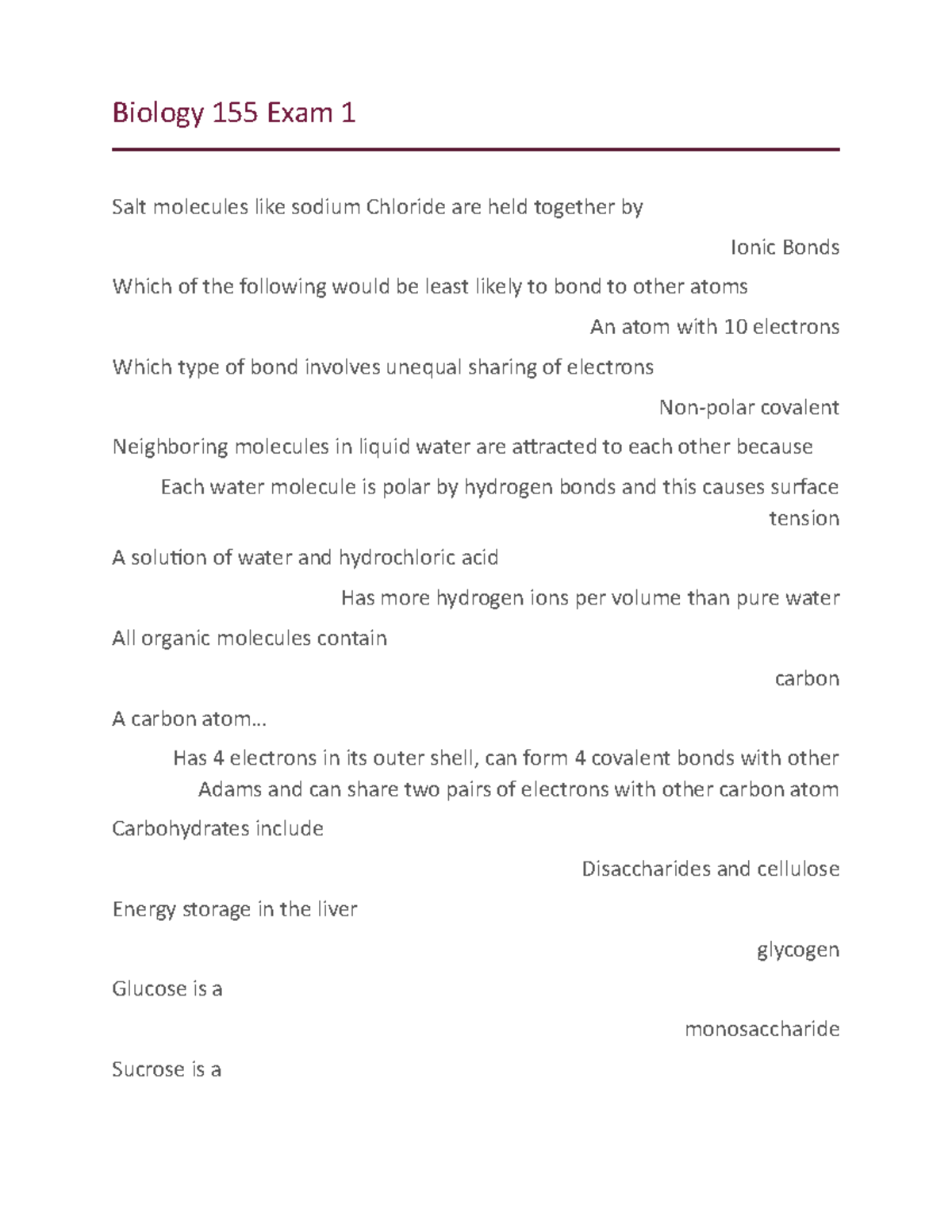 Biology 155 Exam 1 review - Biology 155 Exam 1 Salt molecules like ...