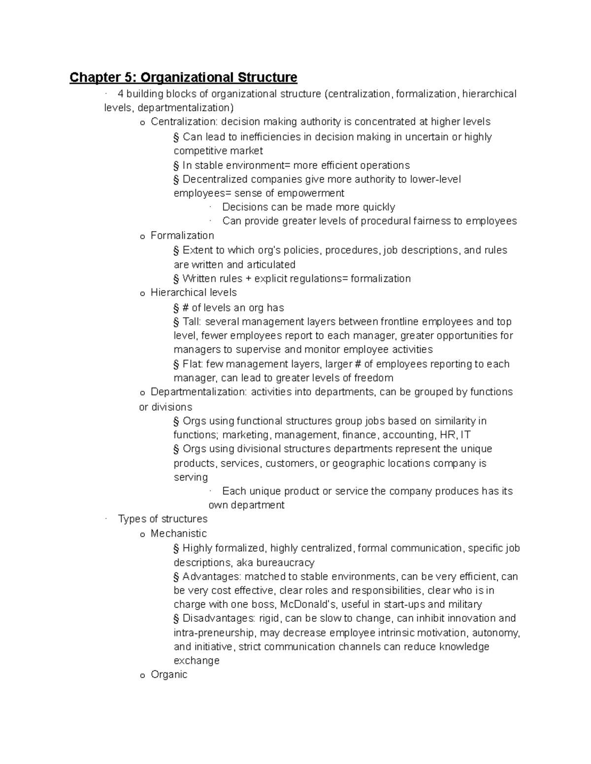 Management 3 - Organizational structure notes. - Chapter 5 ...