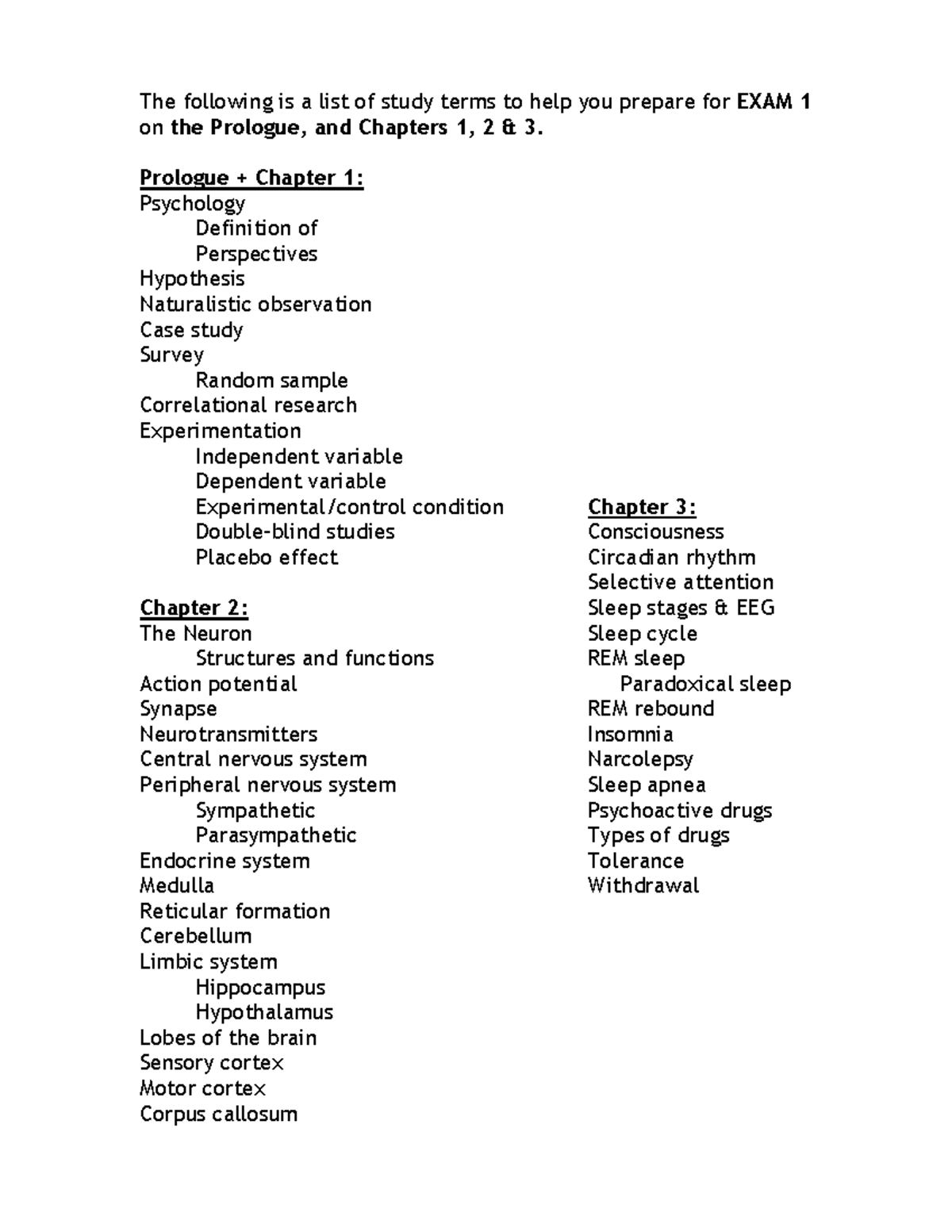 101 EXAM 1 study guide - NOTES - The following is a list of study terms ...