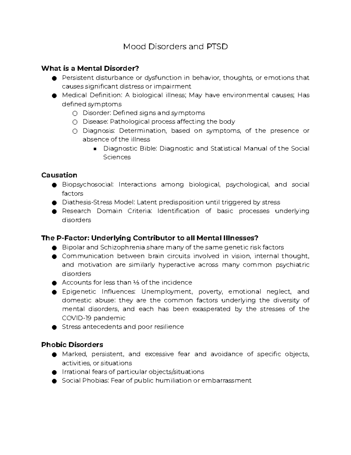 Mood Disorders and PTSD Class Lecture Notes - Mood Disorders and PTSD ...