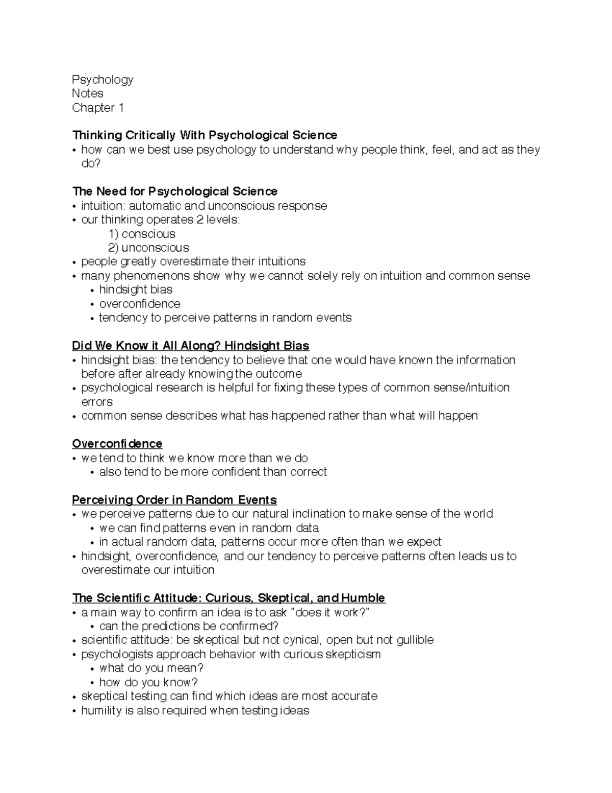 Psych Notes Chapter 1 - Psychology Notes Chapter 1 Thinking Critically ...