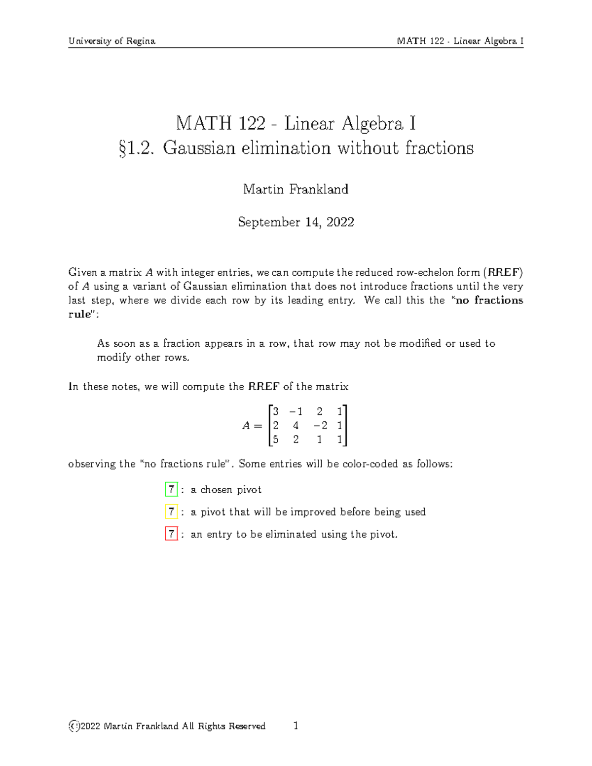 Math122 1-2 No Fractions - MATH 122 - Linear Algebra I 1. Gaussian elimination without fractions ...