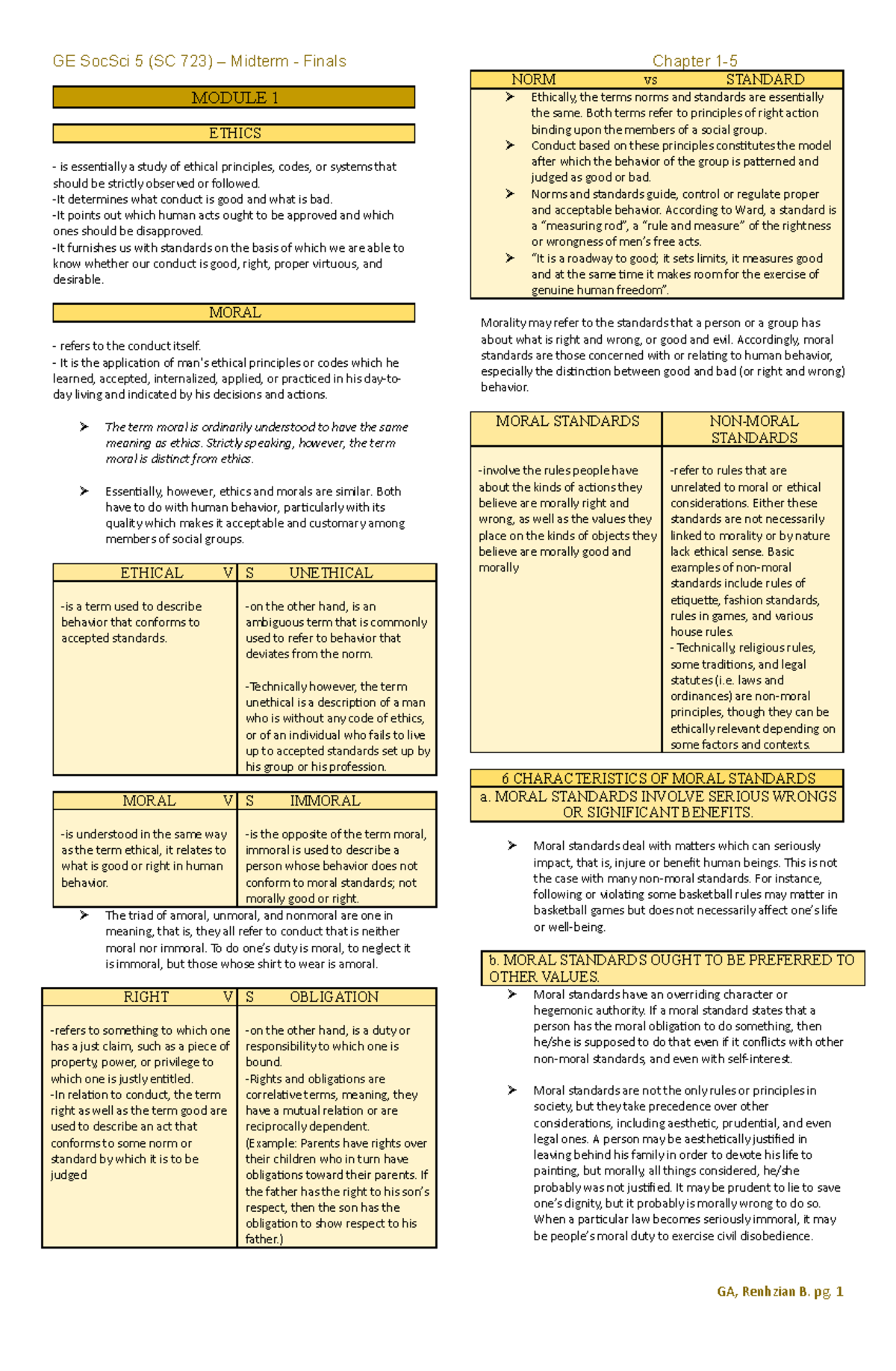 Transes in GESoc Sci 5 - Module 1-5 (Midterm - Finals) - MODULE 1 ETHICS - is essentially a ...