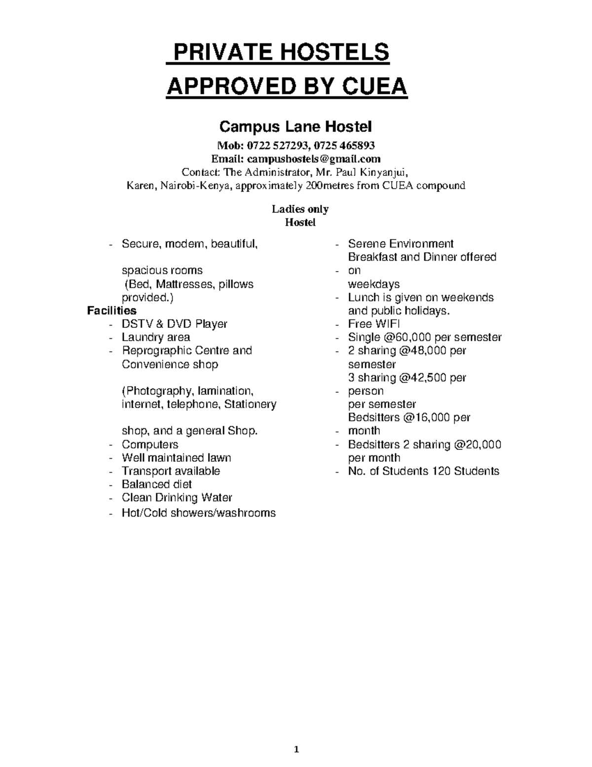 Hostels Affiliated to CUEA 2020-1 for new students - PRIVATE HOSTELS ...