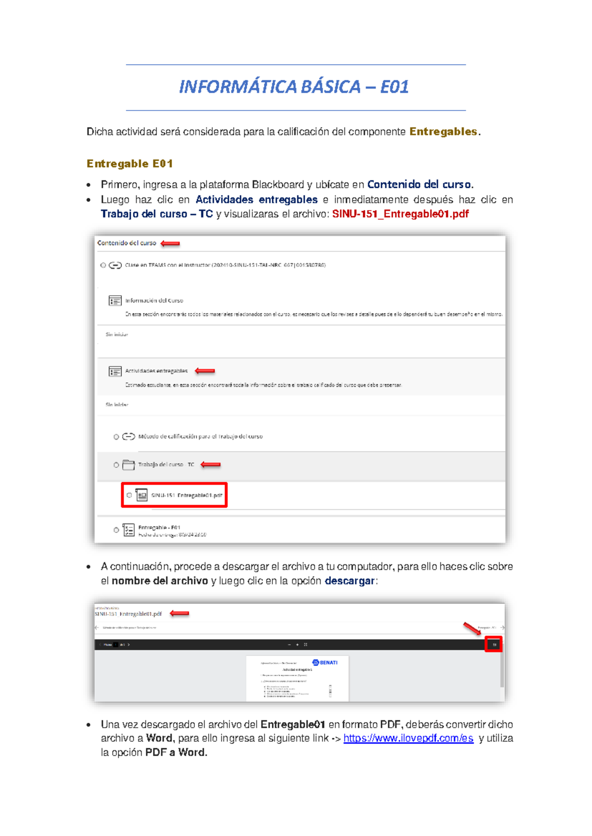 Indicaciones Entregable E01 - INFORMÁTICA BÁSICA – E Dicha actividad será considerada para la ...