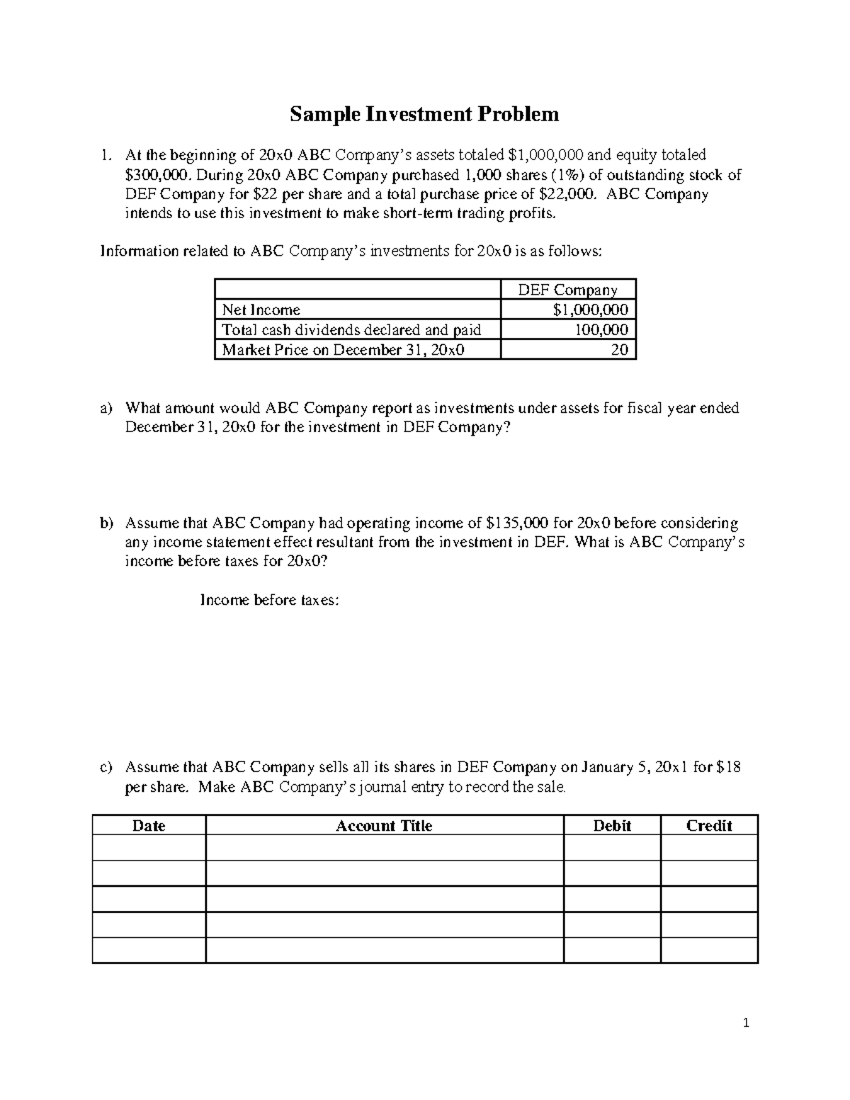 Sample Investment Problem-1 - 1 Sample Investment Problem At the ...