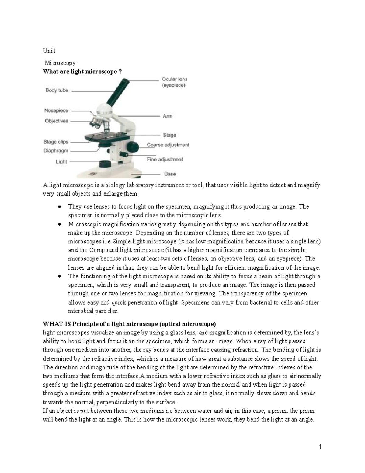 Instrumentation - notes - Uni Microscopy What are light microscope? A ...