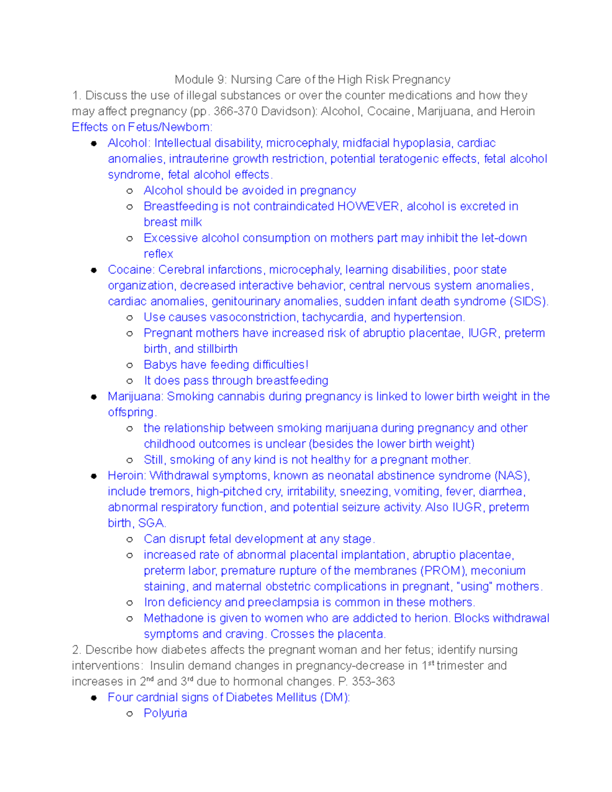 Study Guide Module 9-11 - Module 9: Nursing Care of the High Risk ...