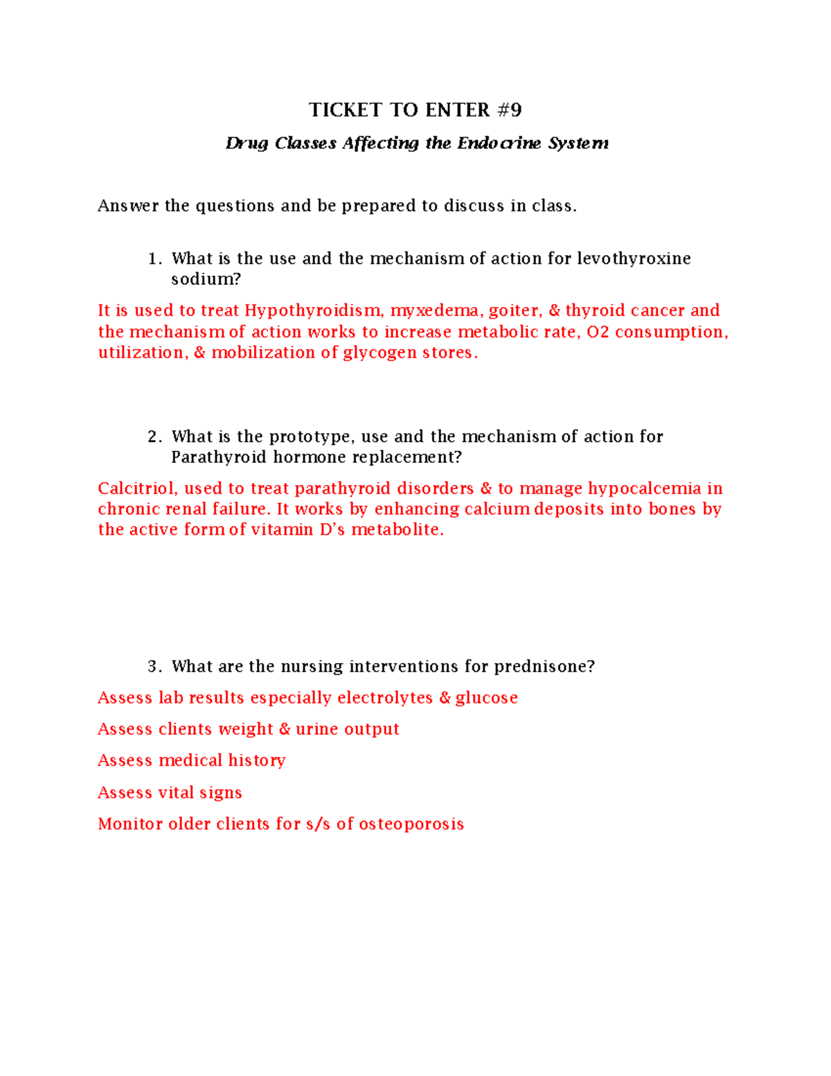 Ticket to Enter #9 (Due Week 13) - TICKET TO ENTER Drug Classes ...