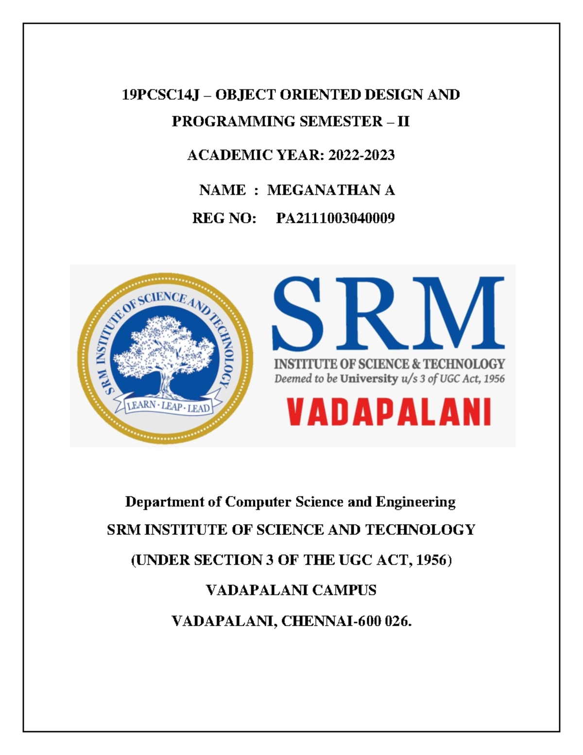 OODP Lab Record - final 2 - 19PCSC14J – OBJECT ORIENTED DESIGN AND PROGRAMMING SEMESTER – II ...