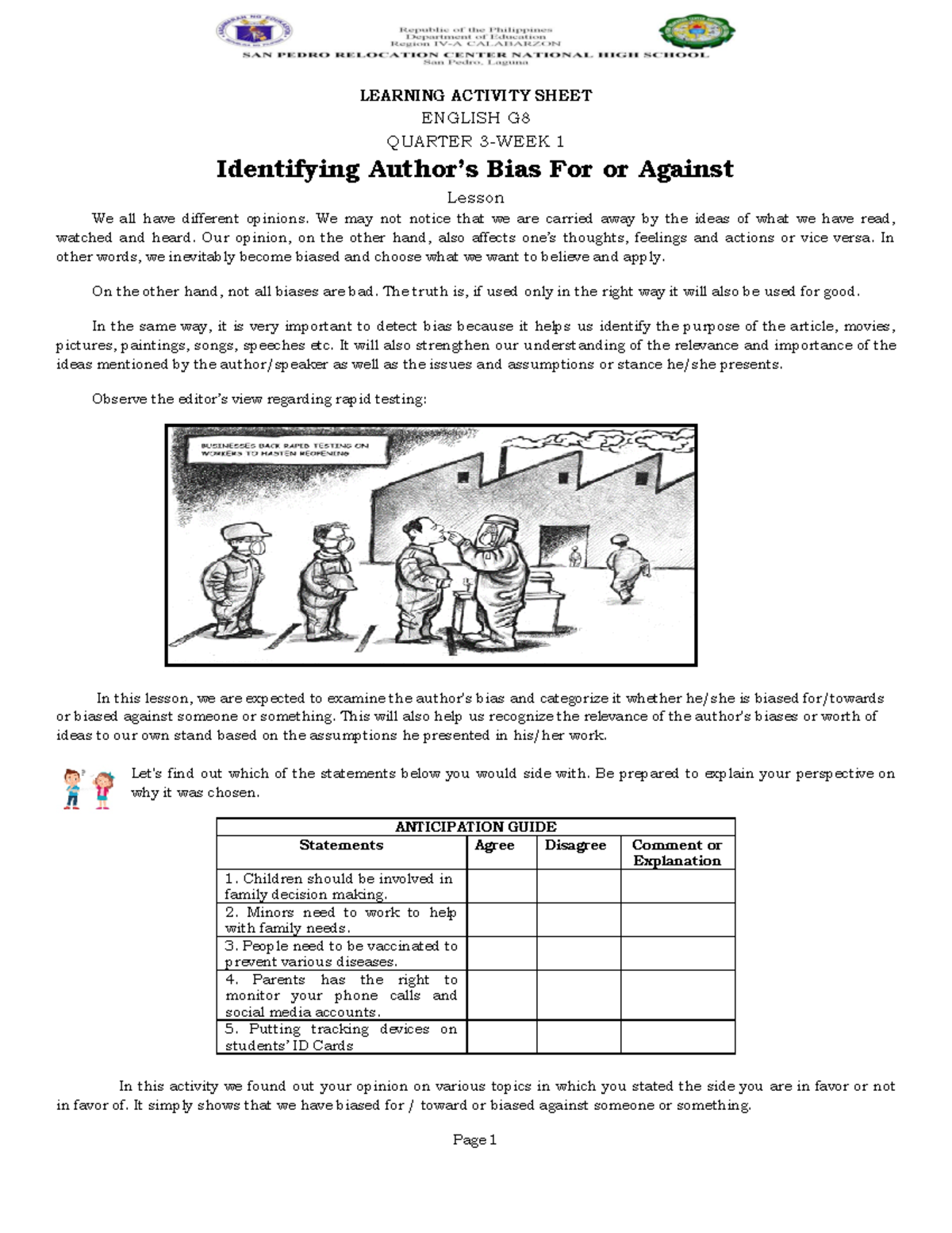 English G8 Q3 WEEK 1 - Q3 Grade 8 ENg - LEARNING ACTIVITY SHEET ENGLISH ...