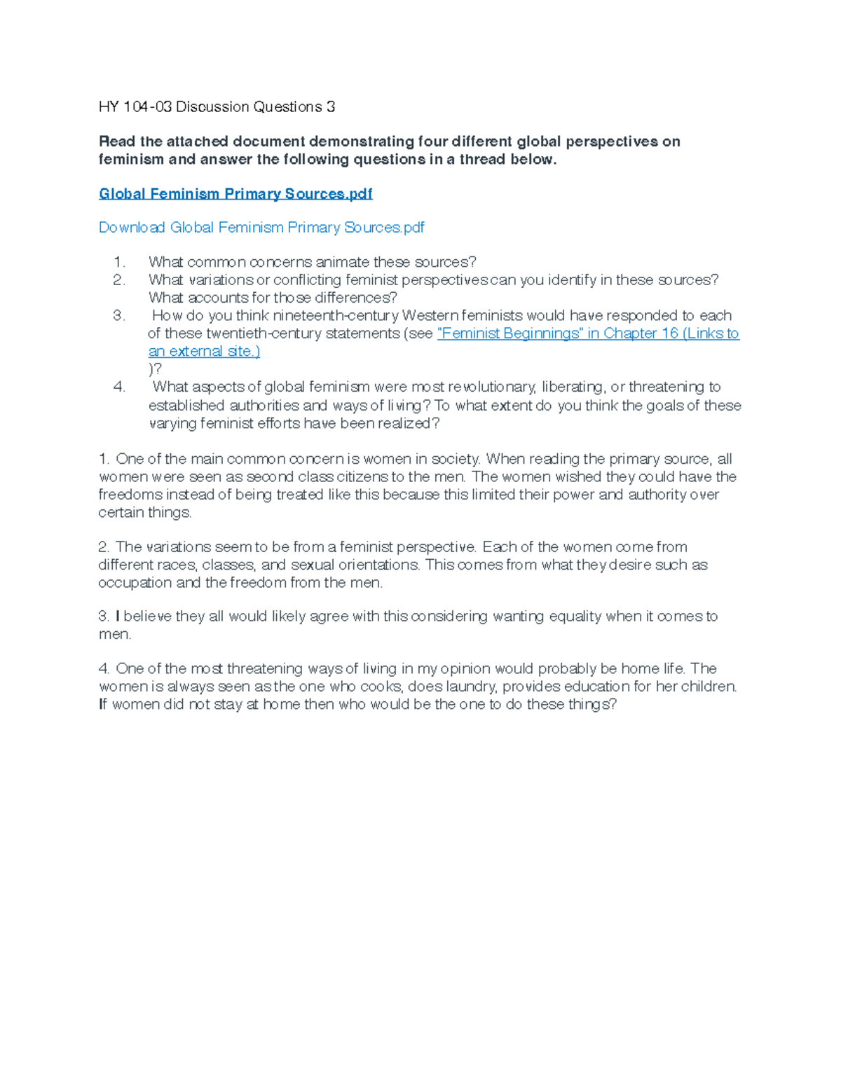 HY 104-03 Discussion Questions 3 - Global Feminism Primary Sources ...