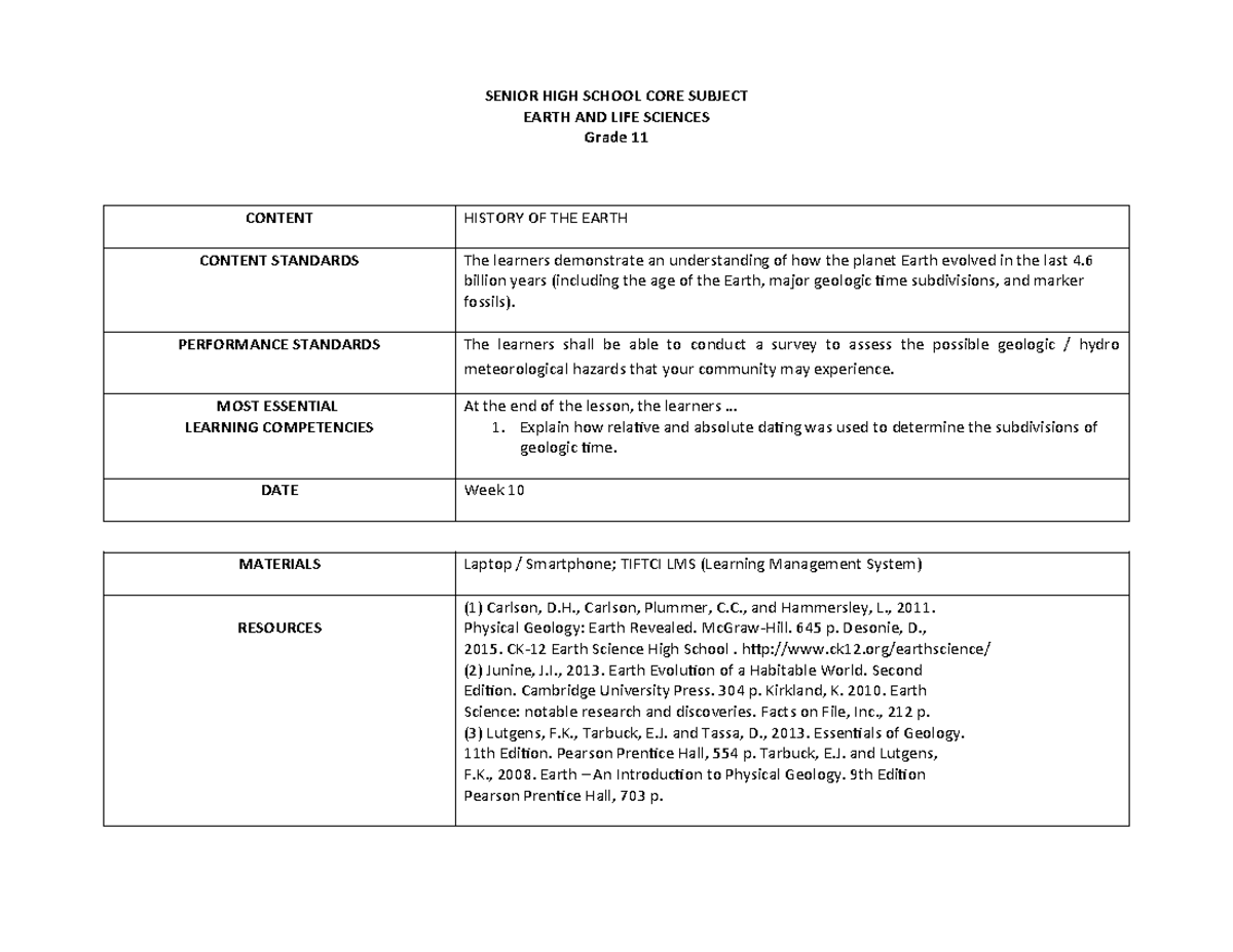 Week 10 Detailed Lesson PLAN Earth and Life Sciences Grade 12 - SENIOR ...