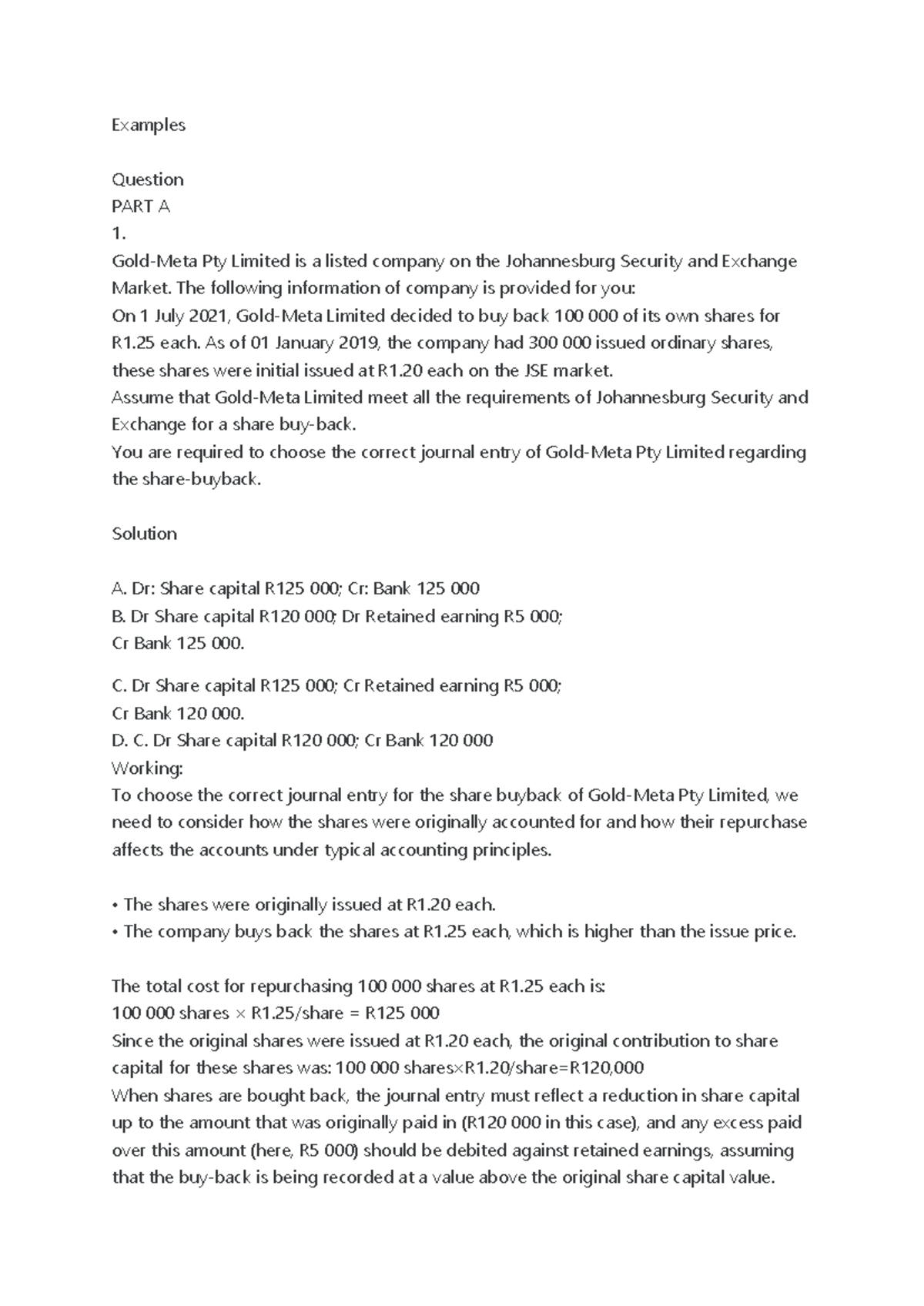 Examples of shares - Examples Question PART A 1. Gold-Meta Pty Limited ...