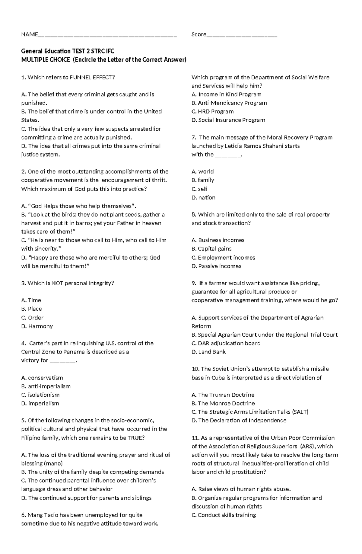 Education Notes - NAME___________________________________________ Score