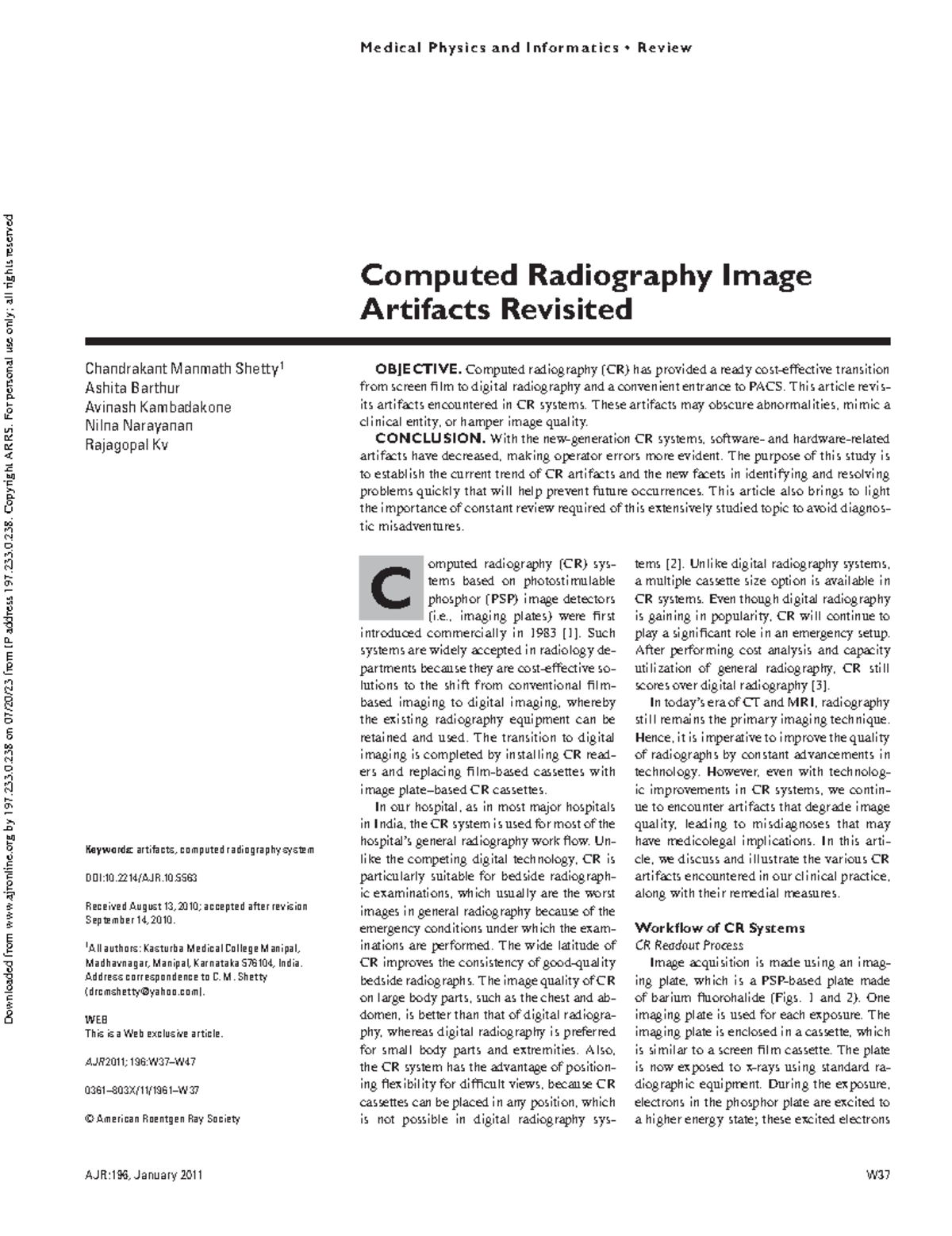 CR Artifacts - Work it out - AJR:196, January 2011 W tems [2]. Unlike ...
