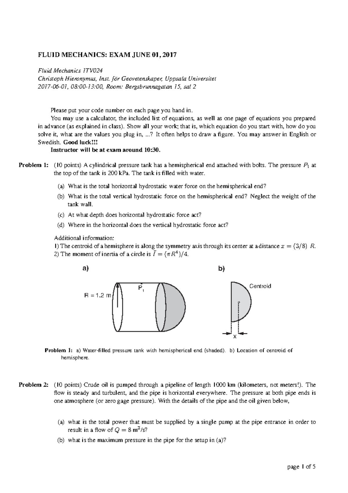 Exam 1 June 2017, questions - FLUID MECHANICS: EXAM JUNE 01, 2017 Fluid ...