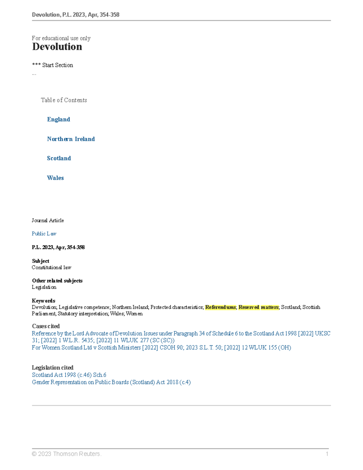 Devolution - 2023, Apr, 354- © 2023 Thomson Reuters. 1 For educational use only Devolution ...