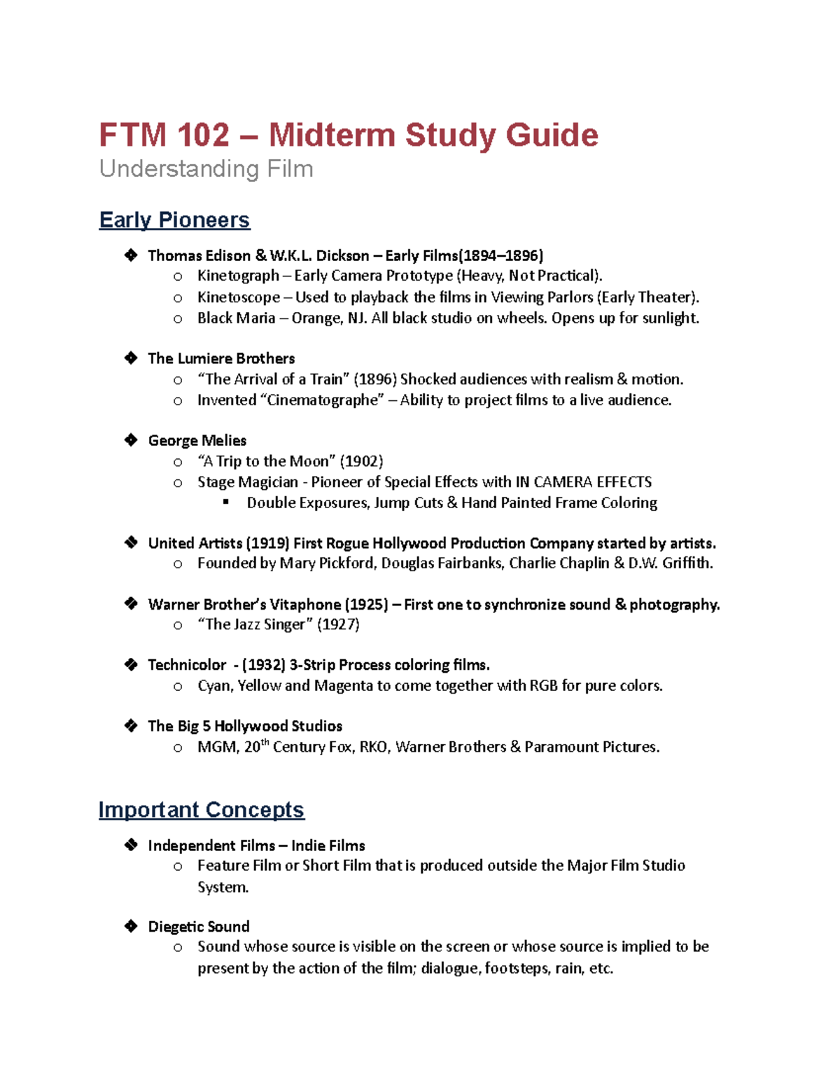 Midterm Review - FTM 102 – Midterm Study Guide Understanding Film Early ...