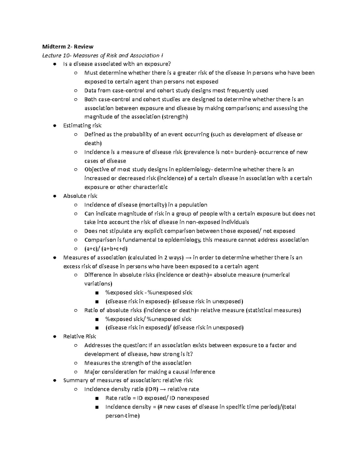Midterm 2- Review - Midterm 2- Review Lecture 10- Measures of Risk and ...