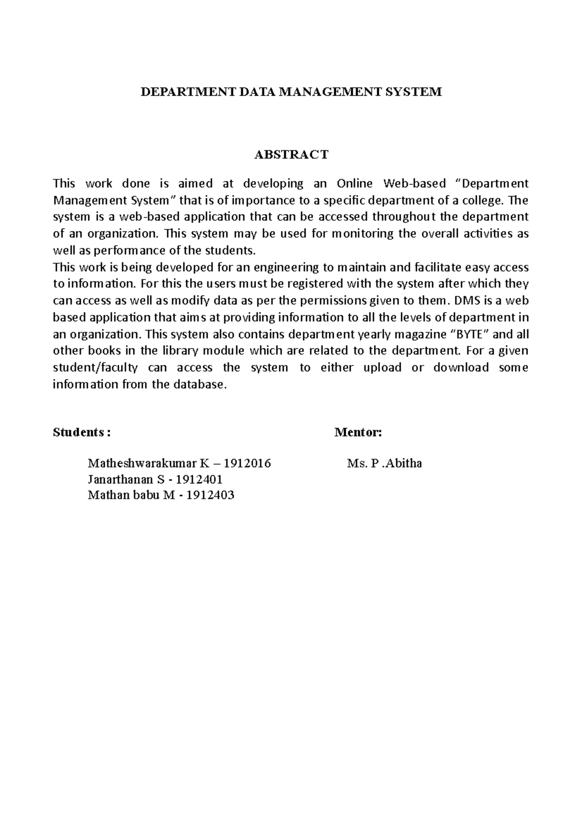 Abstract - its abs - DEPARTMENT DATA MANAGEMENT SYSTEM ABSTRACT This ...