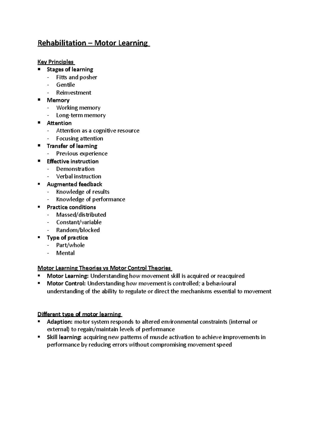 Rehabilitation – Motor Learning - Rehabilitation – Motor Learning Key ...