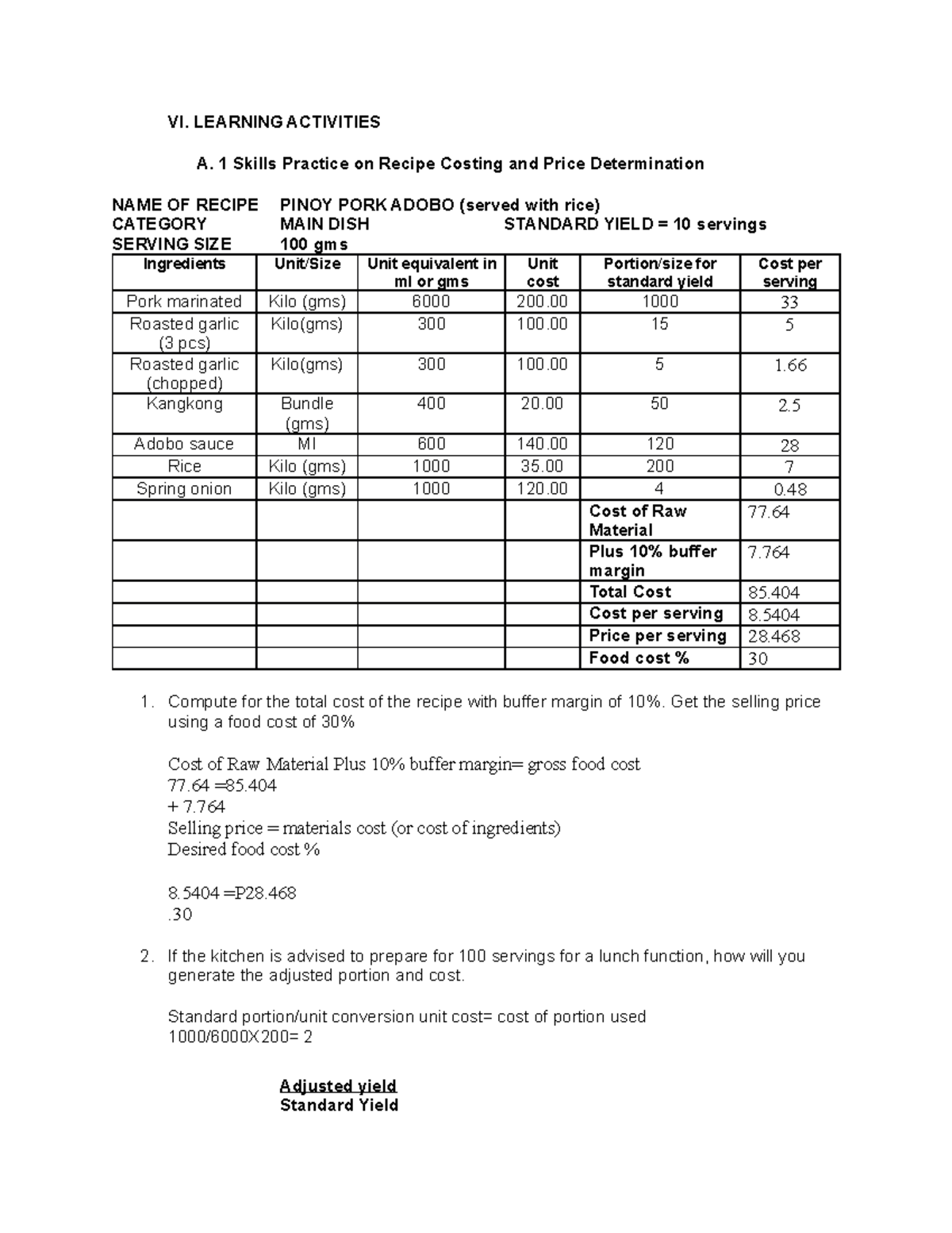Module 4 - VI. LEARNING ACTIVITIES A. 1 Skills Practice on Recipe ...