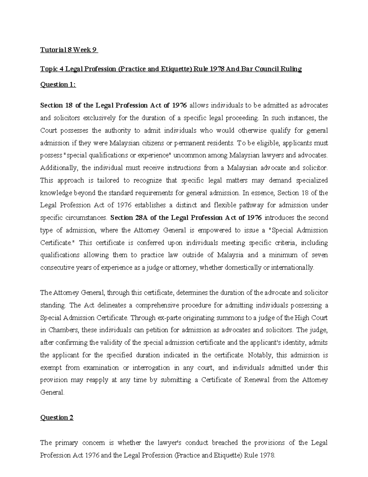 T8 - tutorial work - Tutorial 8 Week 9 Topic 4 Legal Profession ...