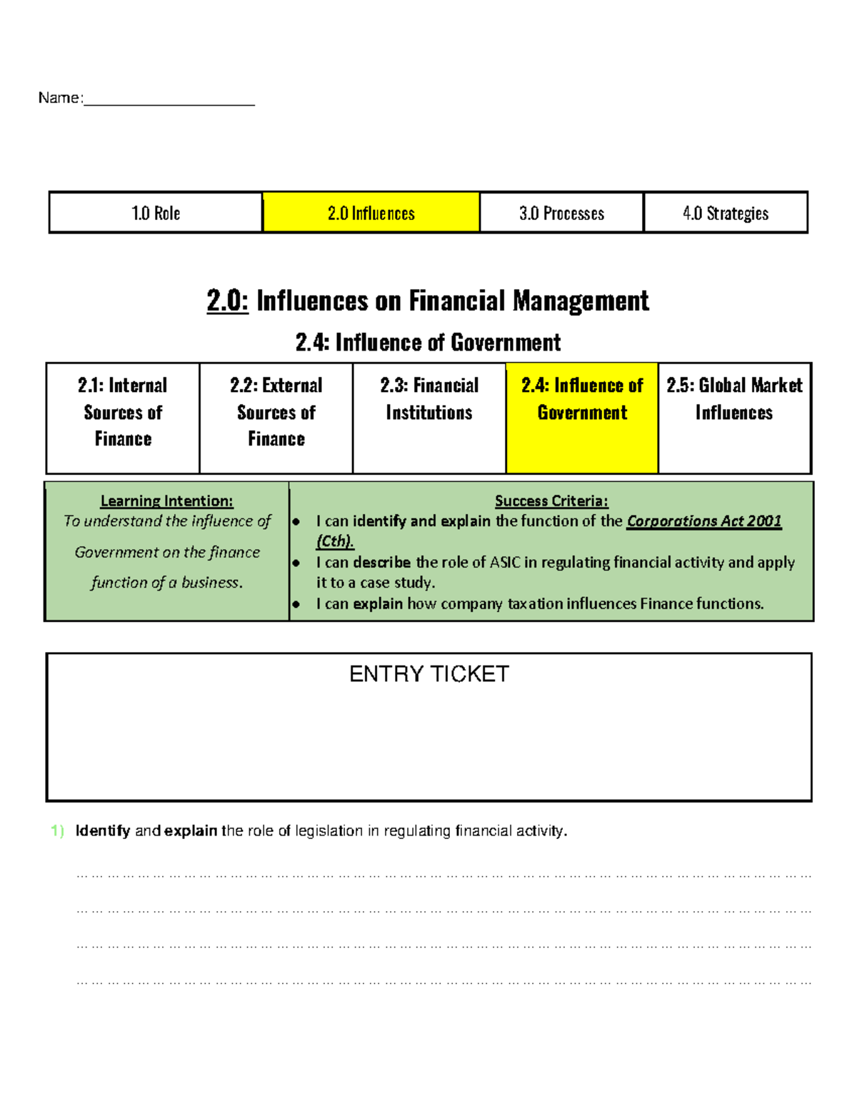 2 - lesson sheets - Name:____________________ 1 Role 2 Influences 3 ...