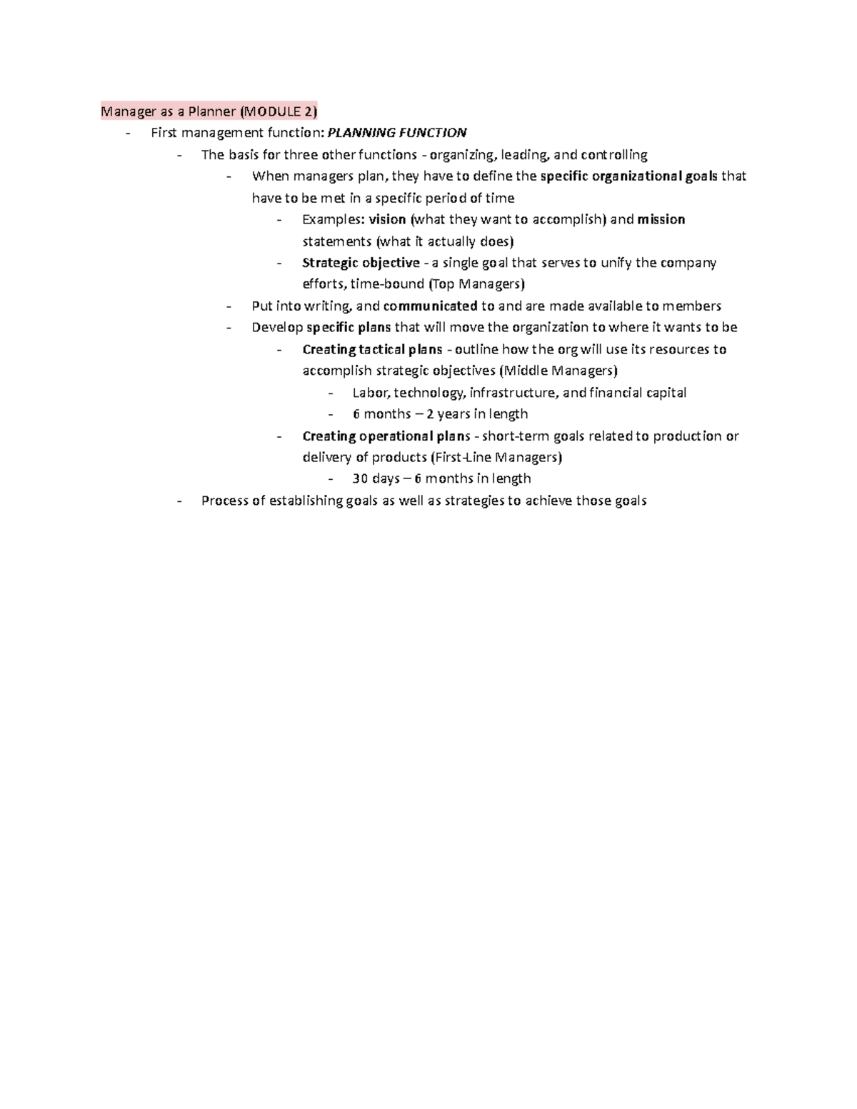 Planning Function - Manager as a Planner (MODULE 2) - First management ...
